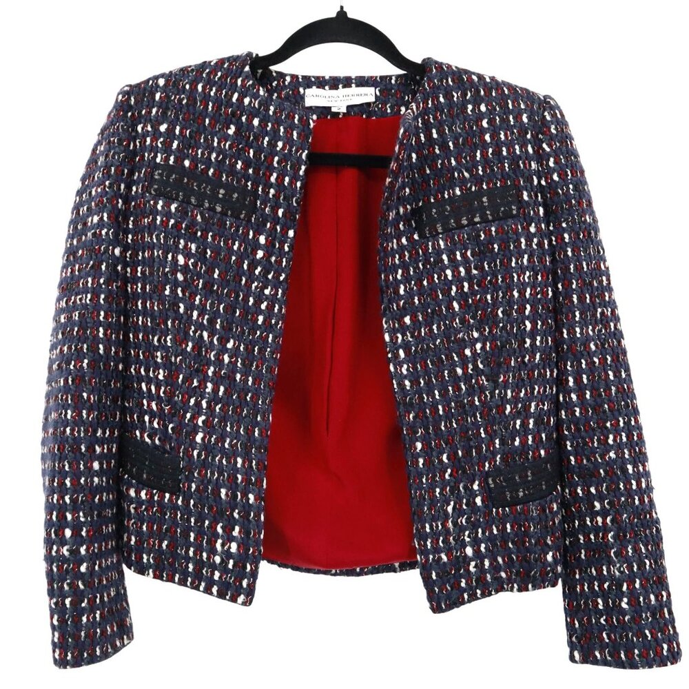 Carolina Herrera Wool Silk Tweed Jacket Womens 2 Navy… - Gem